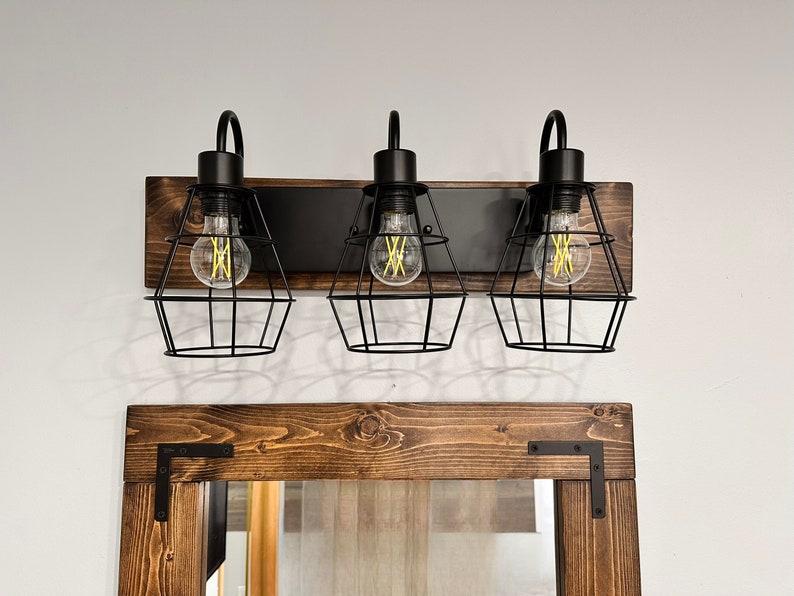 Set of Mirror and Light,rustic Bath Farmhouse Set,wire Case Pendant 3 ...