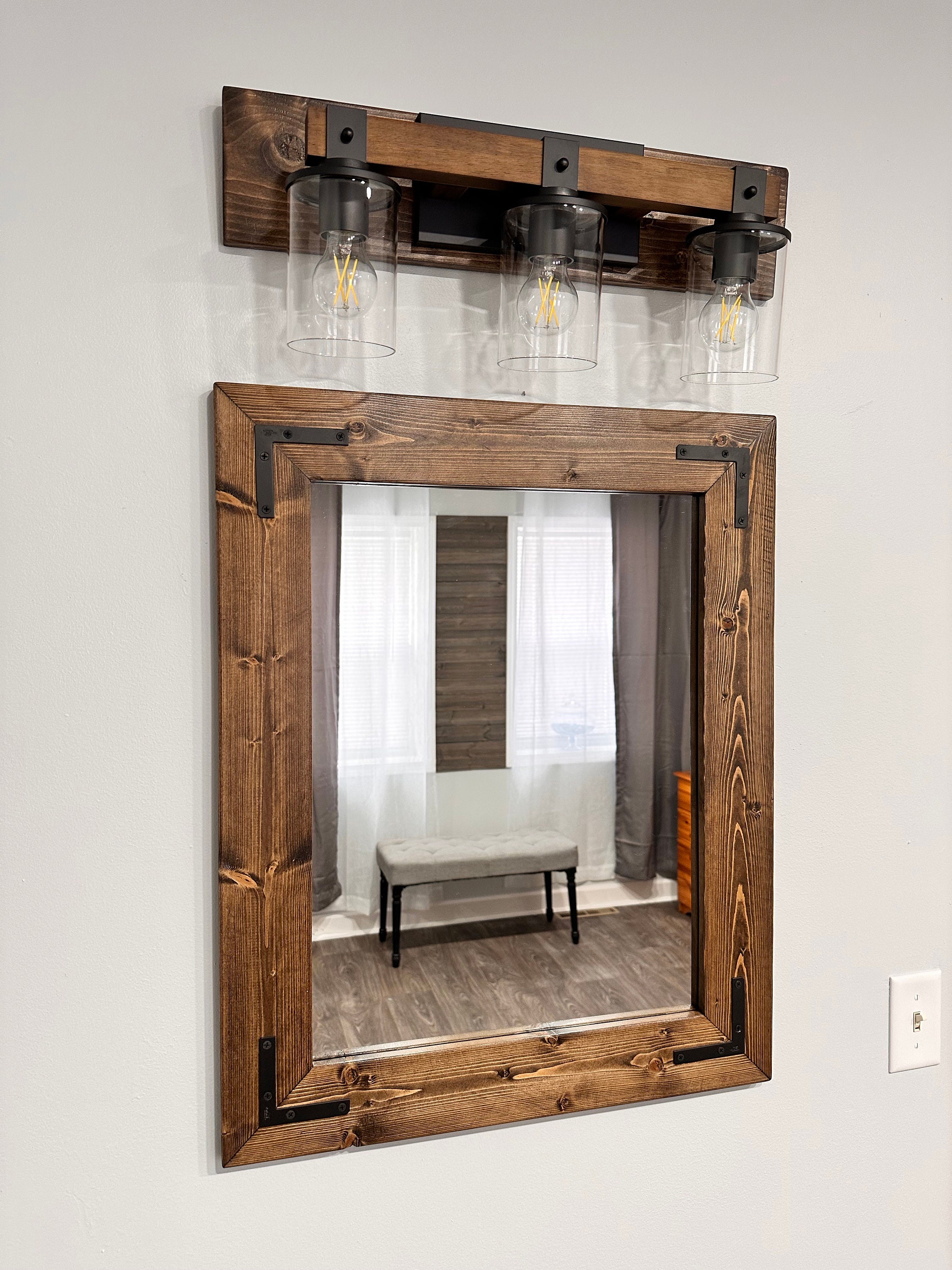 Set of Mirror and Light,rustic Bath Farmhouse 3 Light Fixture,glass ...