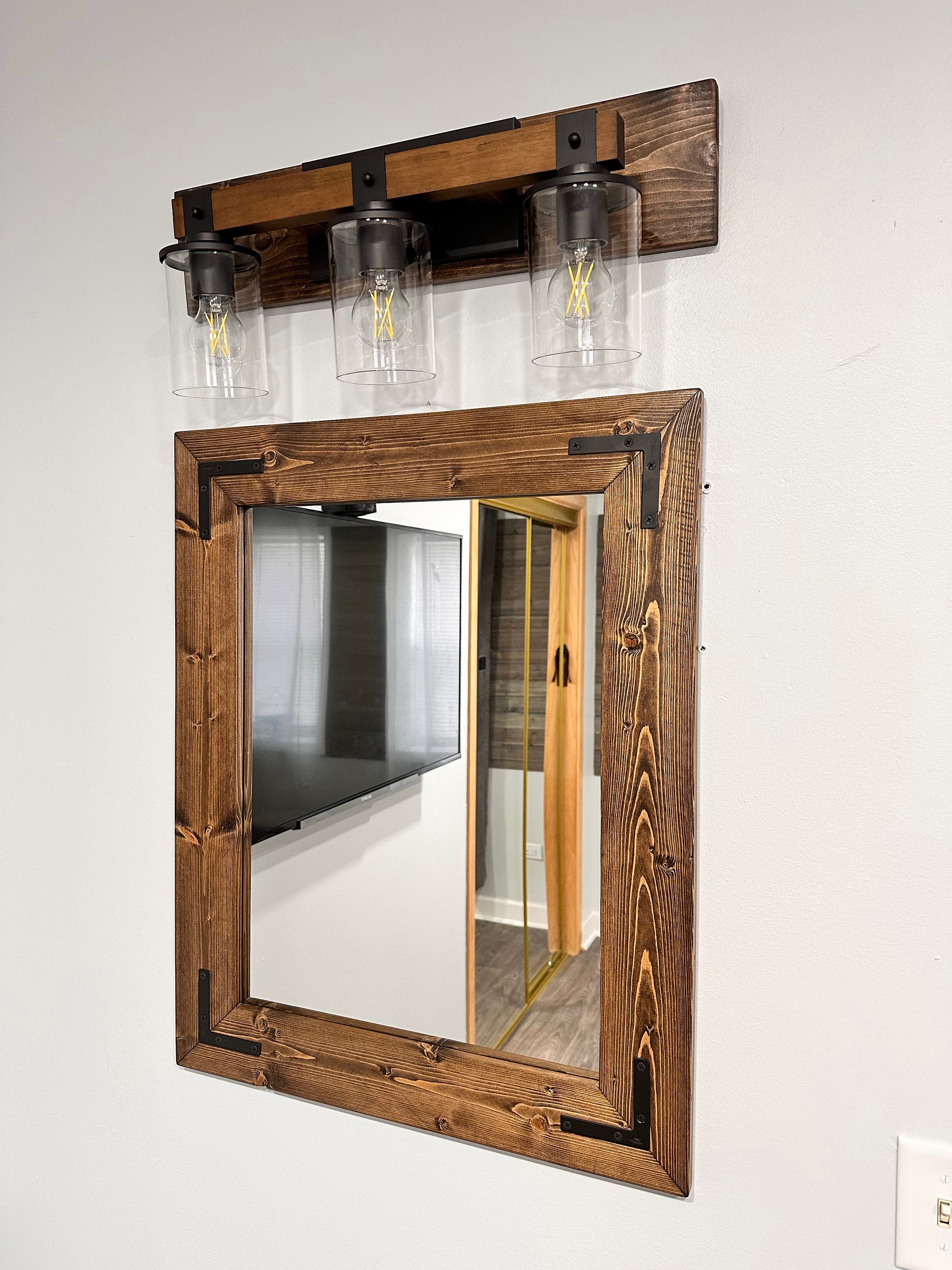 Set of Mirror and Light,rustic Bath Farmhouse 3 Light Fixture,glass ...