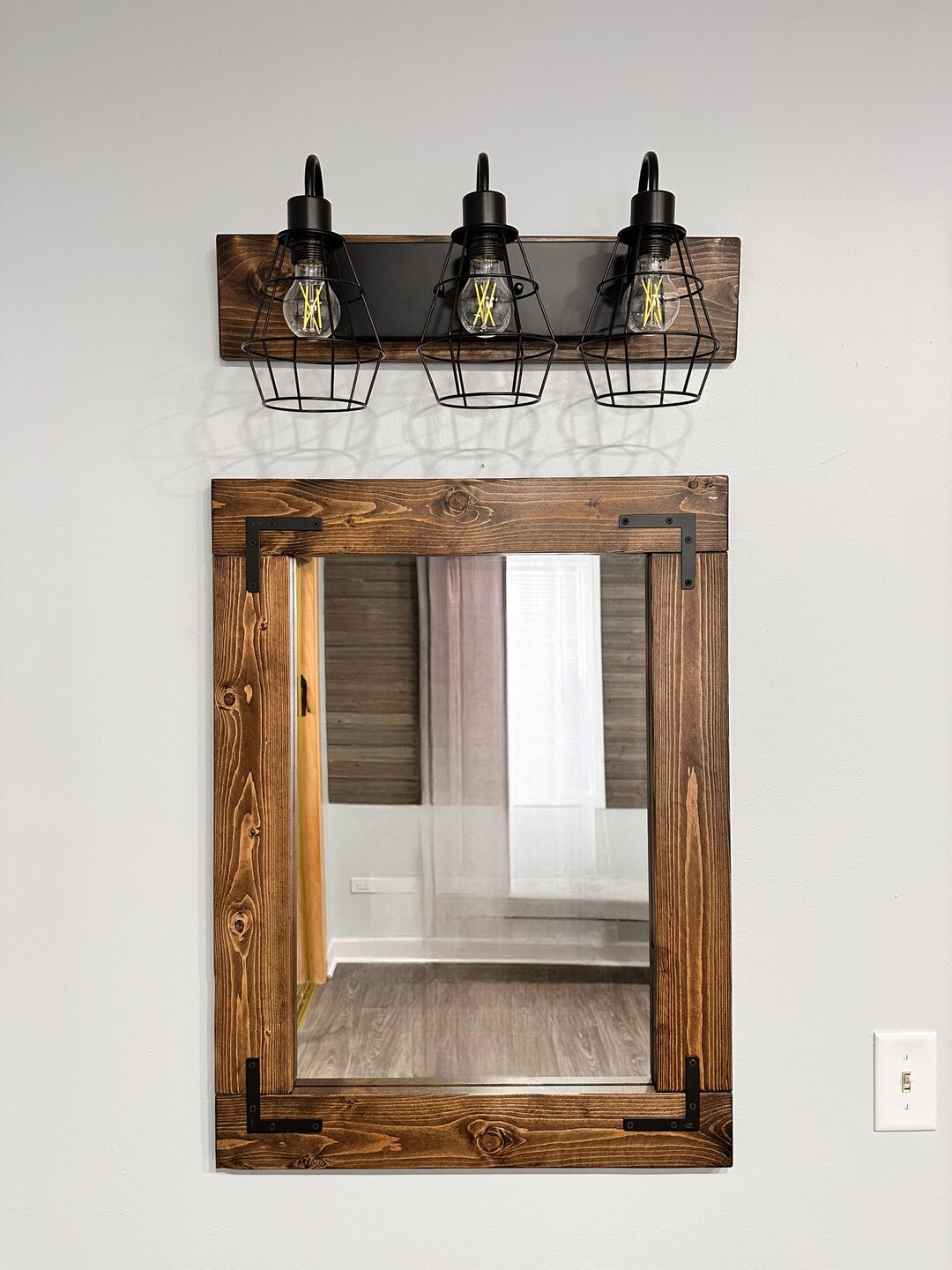 Set of Mirror and Light,rustic Bath Farmhouse Set,wire Case Pendant 3 ...
