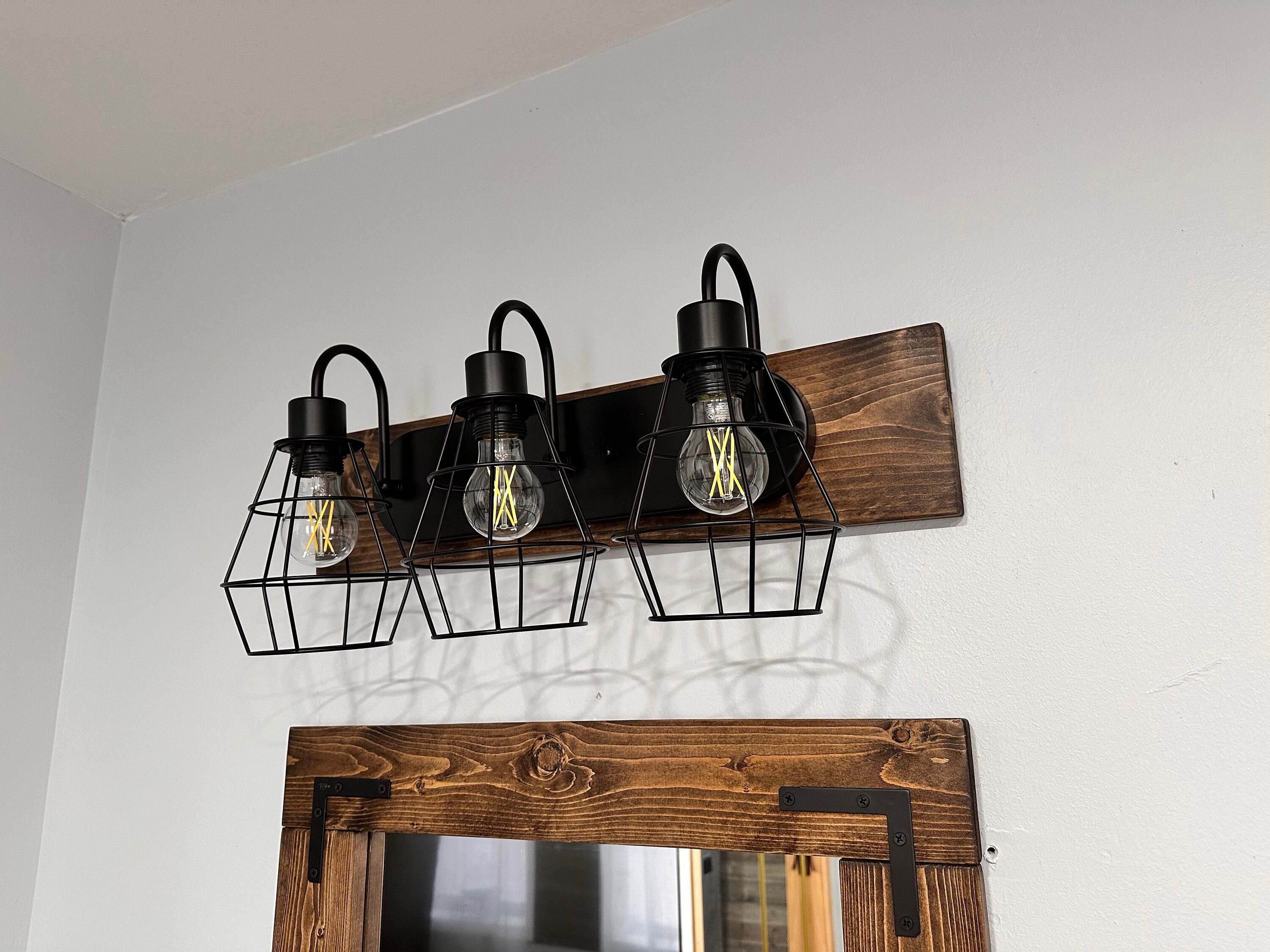 Set of Mirror and Light,rustic Bath Farmhouse Set,wire Case Pendant 3 ...