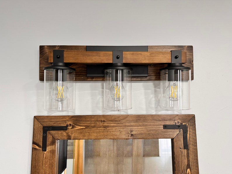 Set of Mirror and Light,rustic Bath Farmhouse 3 Light Fixture,glass ...