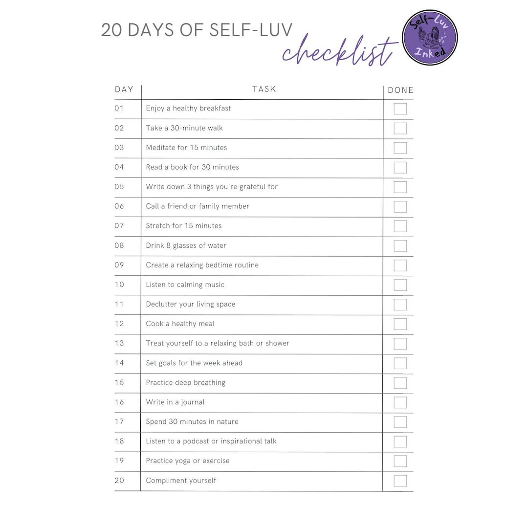 20 Days of Self-luv Checklist - Etsy