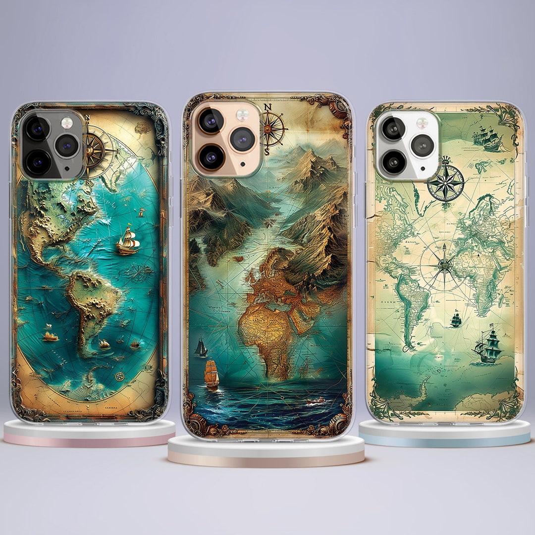 World Map Atlas Case Retro Pirate Compass Phone Case, iPhone 15 14 13 ...