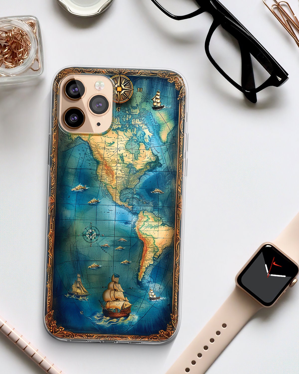 Vintage Compass Adventure World Map Phone Case, iPhone 15 14 13 Magsafe ...