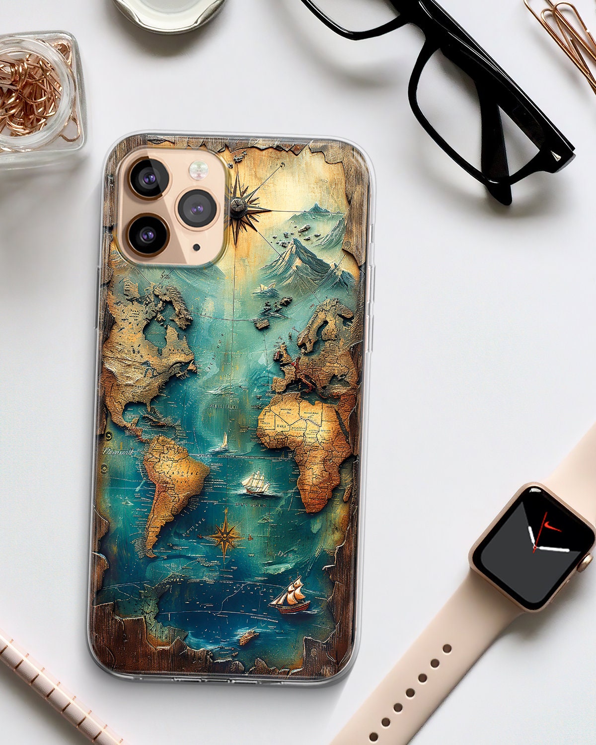 Vintage Compass Adventure World Map Phone Case, iPhone 15 14 13 Magsafe ...