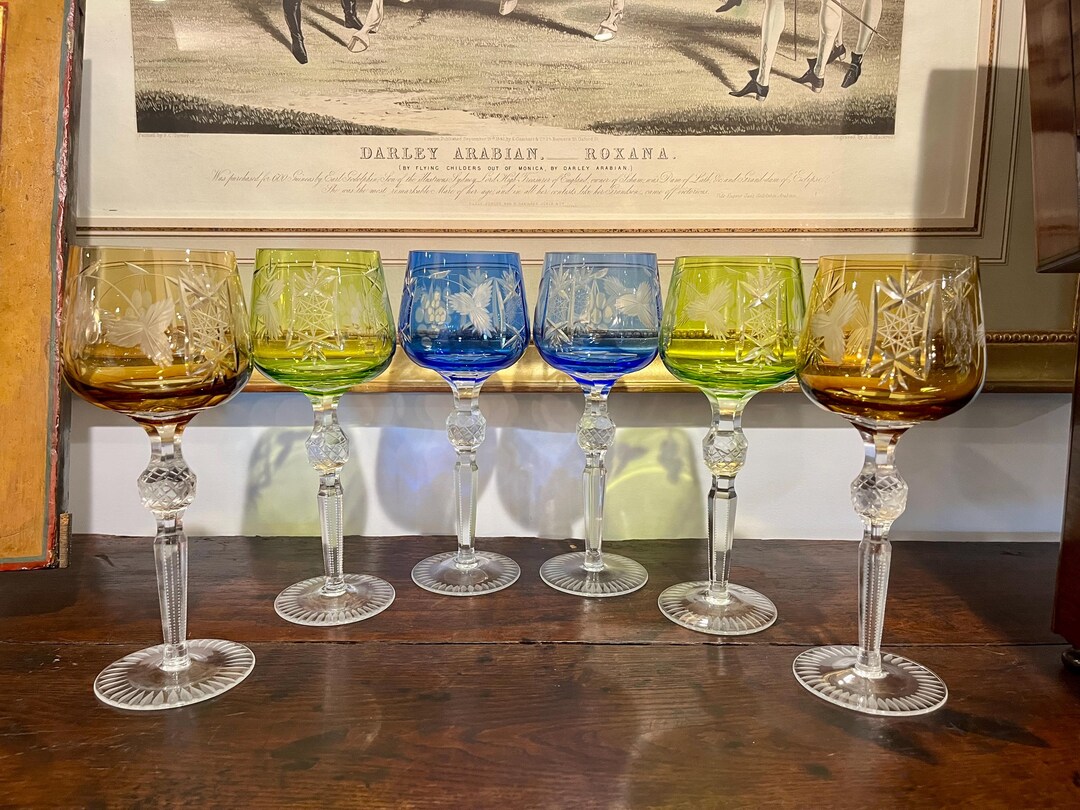 Vintage Ajka Crystal Wine Glasses, Marsala Pattern, Blue, Green and ...