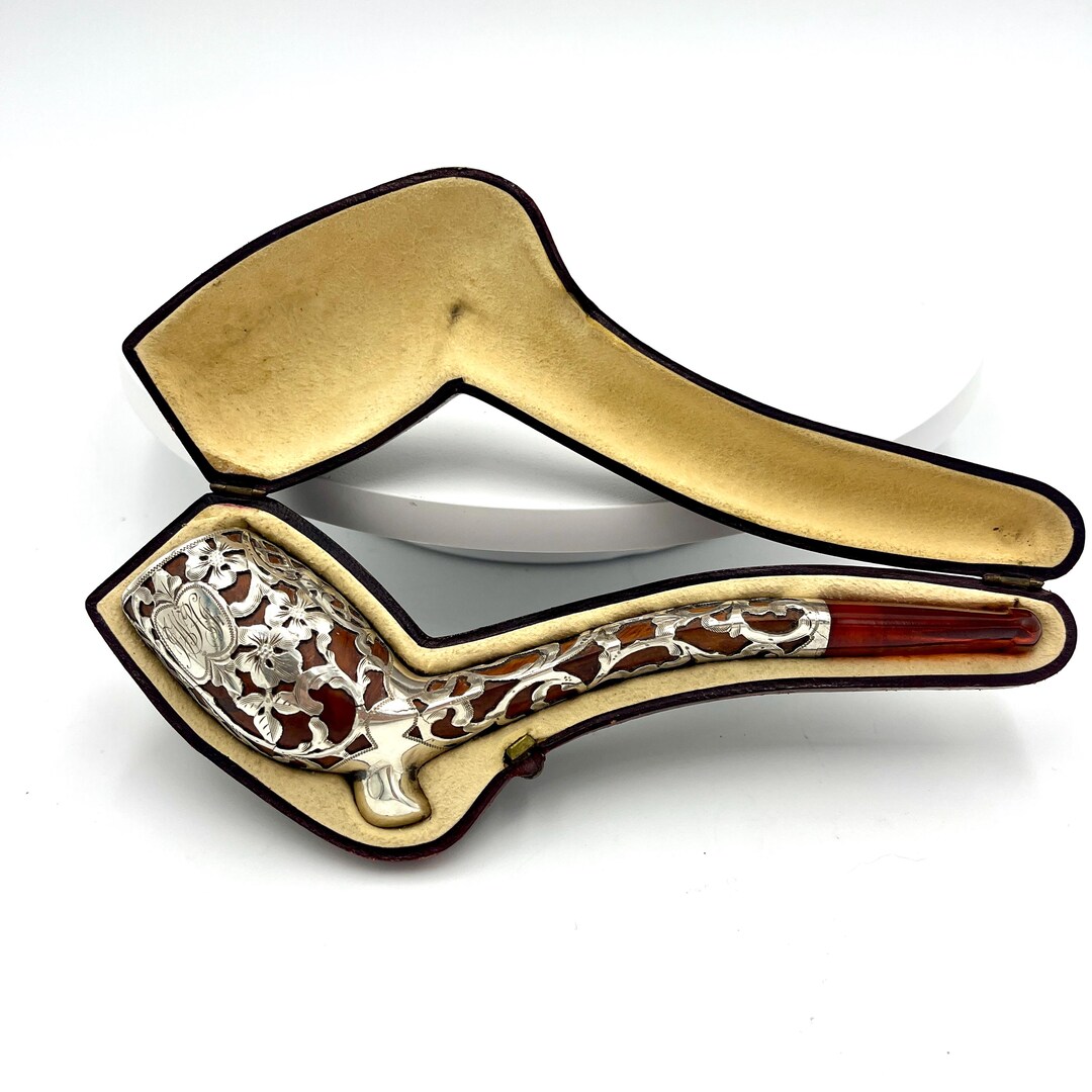Rare Antique Silver Overlay Pipe With Amber Stem, Solid Silver Filigree ...