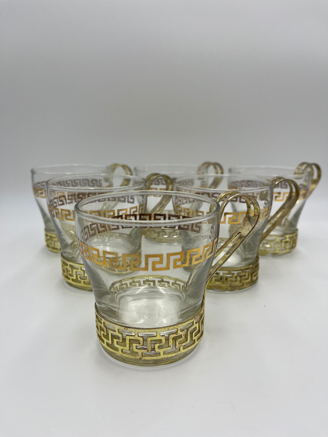 Vintage Greek Key Glass Tea Cups - Gold Gilded Espresso Set of 6 - Etsy