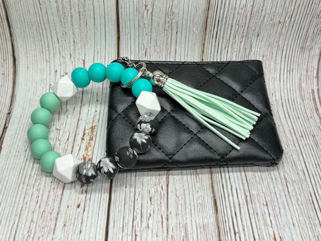 Floral With a Spash of Teal With Wallet and Tassel - Wristlet Keychain ...