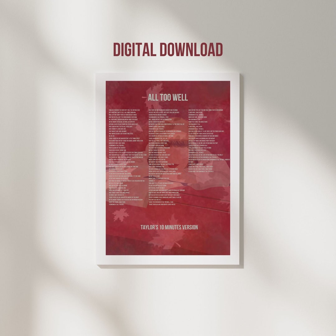 All Too Well Printable Poster, Taylor's Version Digital Download ...
