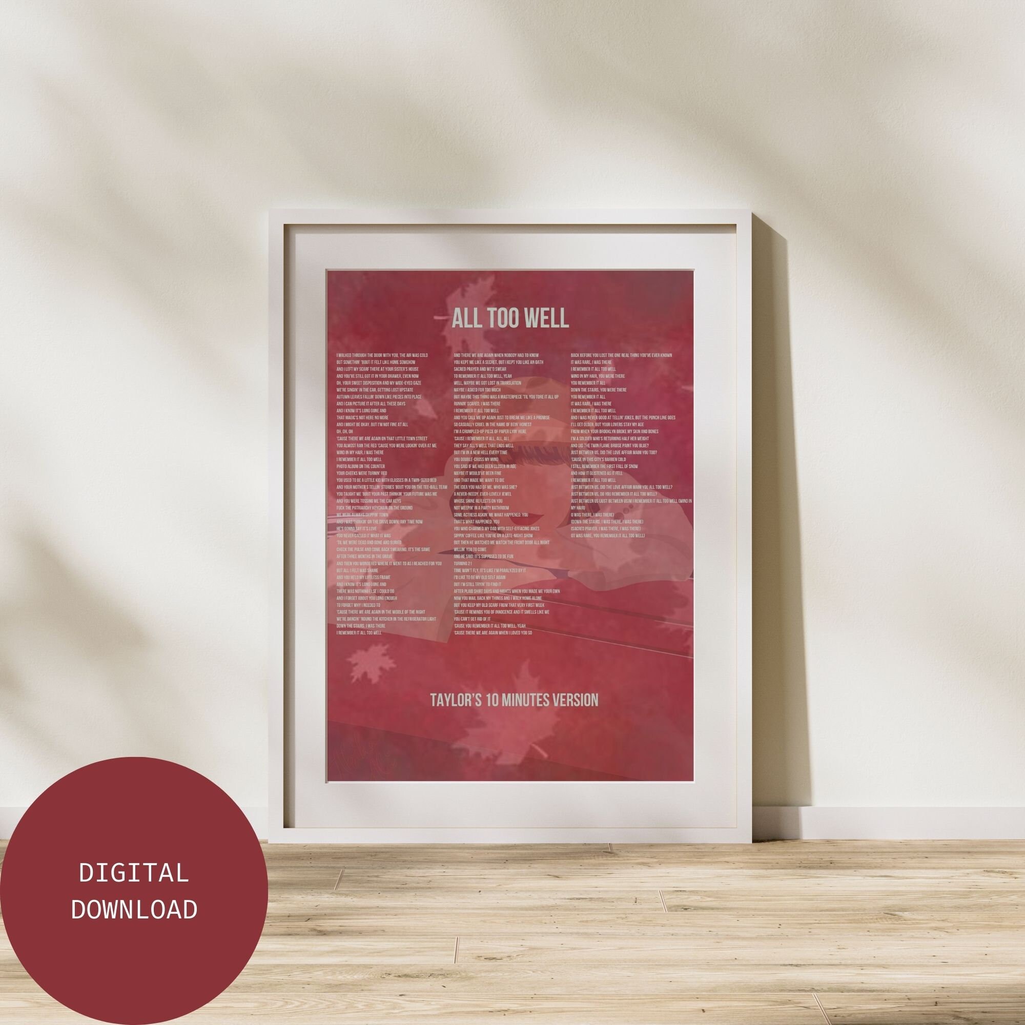 All Too Well Printable Poster, Taylor's Version Digital Download ...