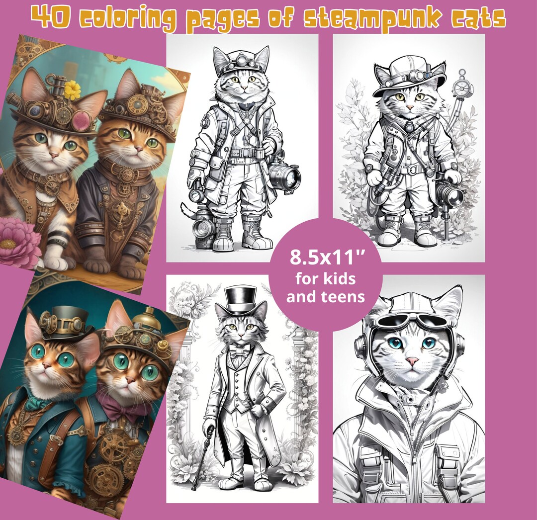 Steampunk Felines: A Whimsical Coloring Pages of Anthropomorphic ...