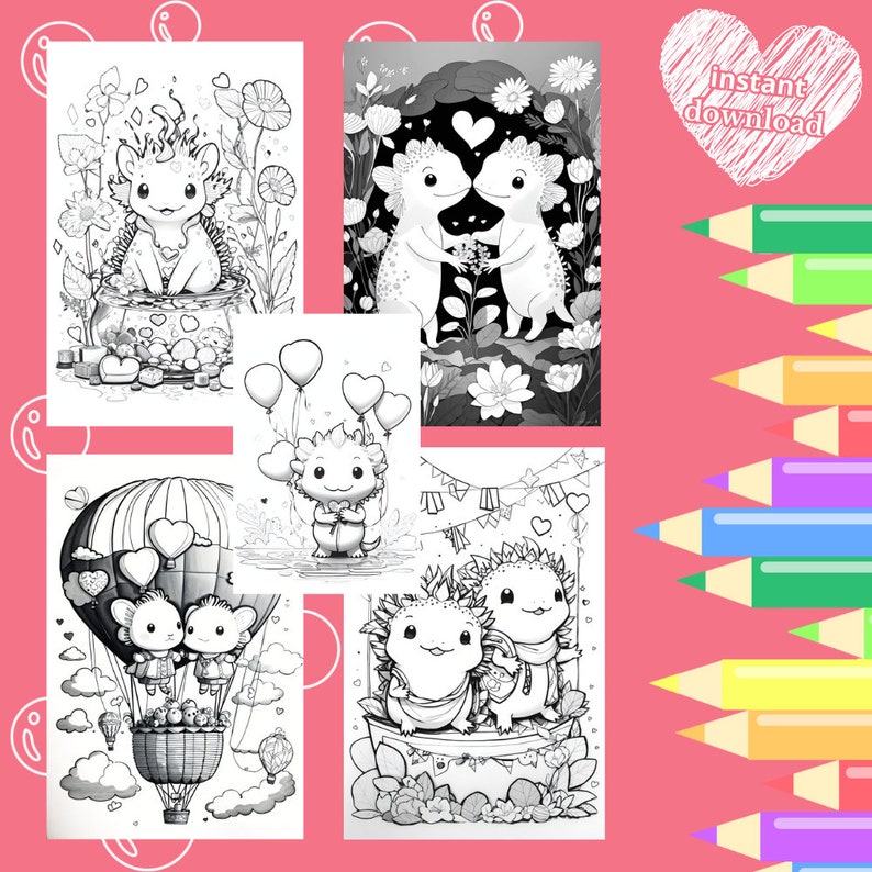 Axolotl Valentine's Day Coloring Pages for Kids and Teens : Cute ...