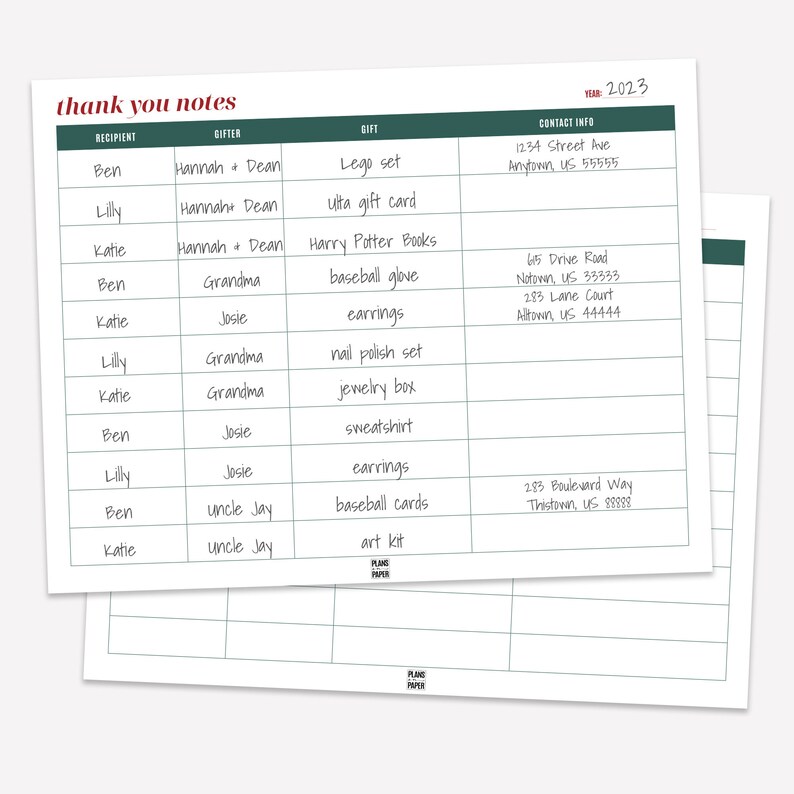 Holiday Thank You Note Tracker - Track Gifts - Etsy