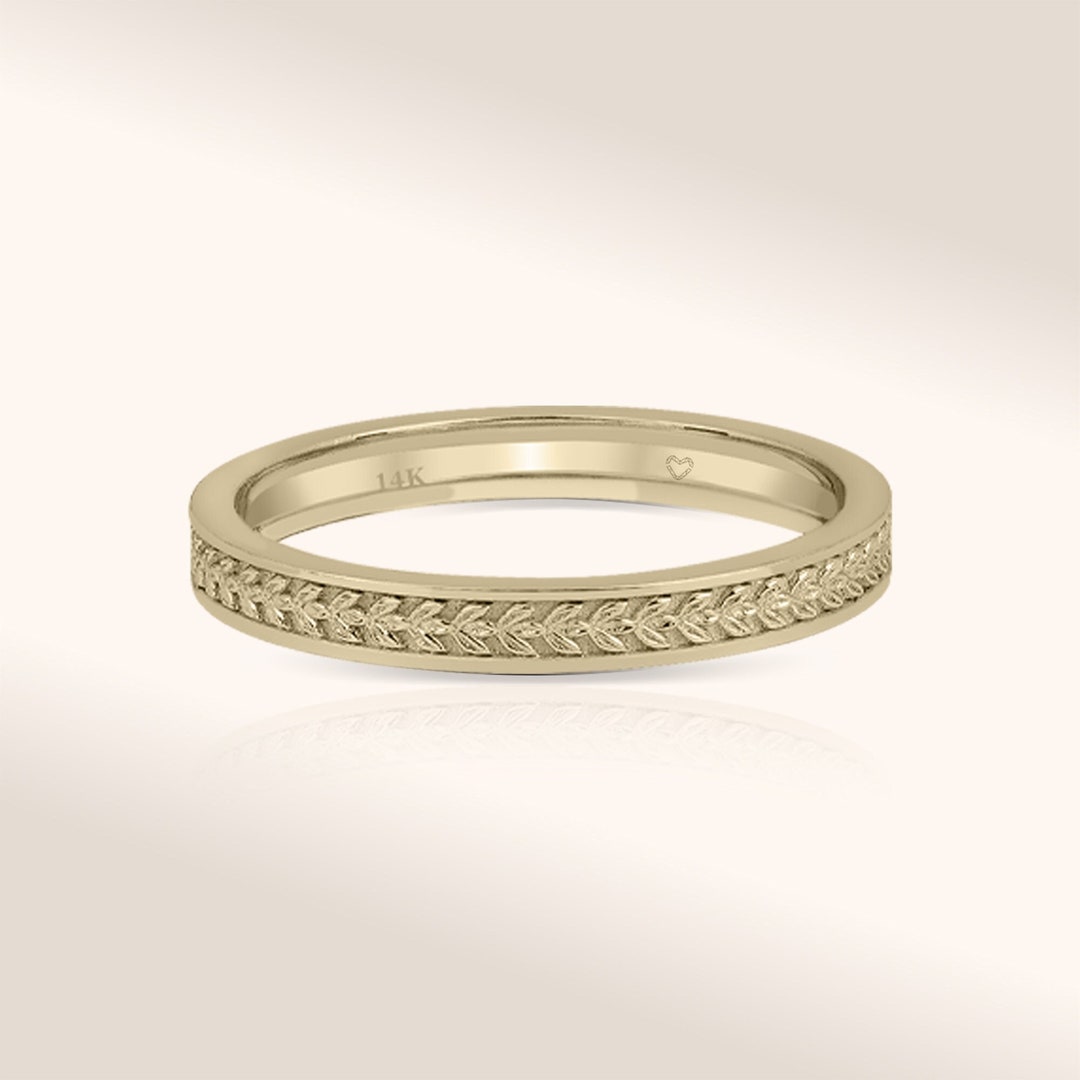 Leaf Pattern Wedding Band 14K Solid Gold Anniversary Ring Natural Style ...