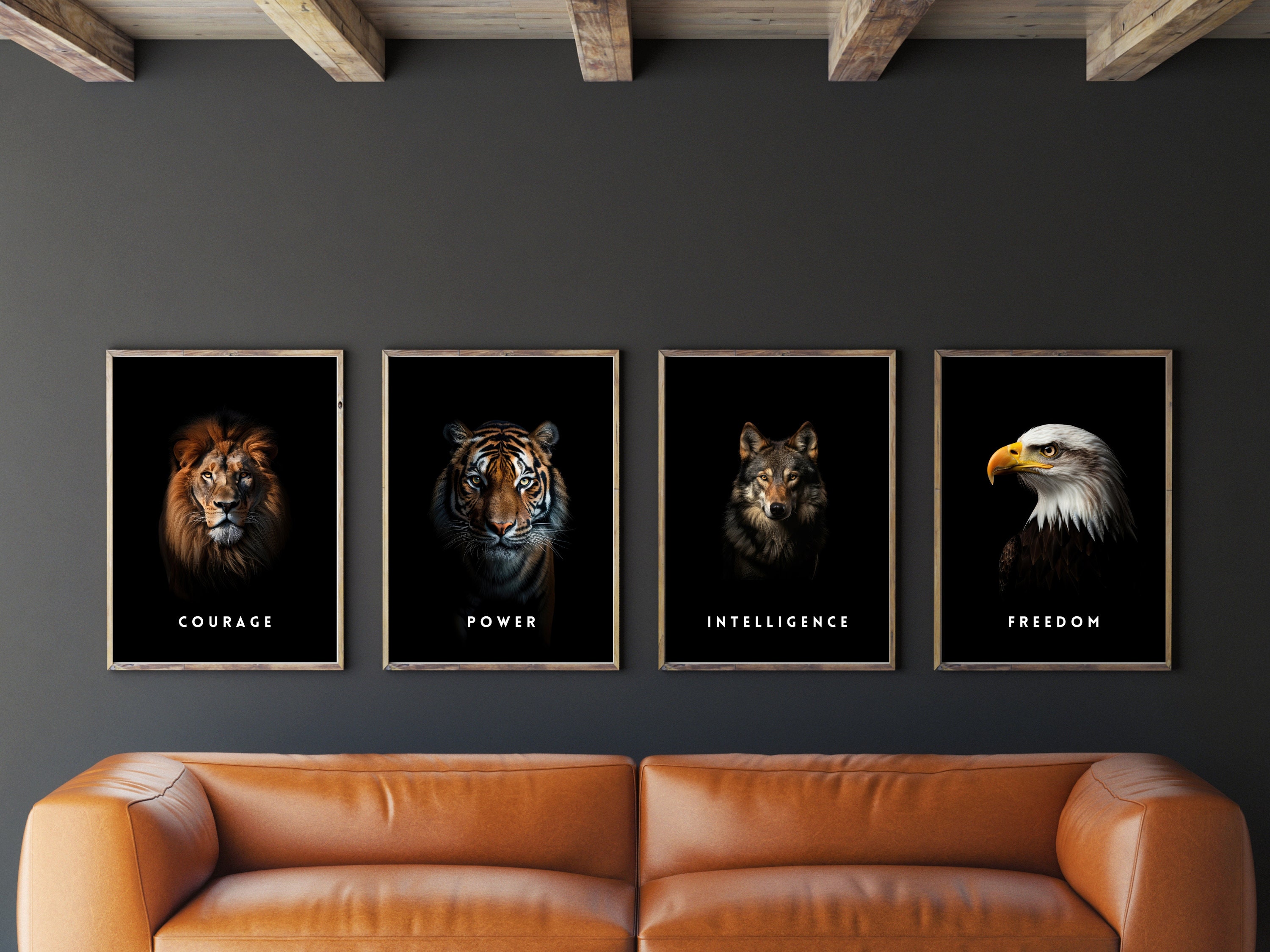 Set of 4 Wild Animals Wall Art - Lion, Eagle, Tiger, Wolf - Instant ...
