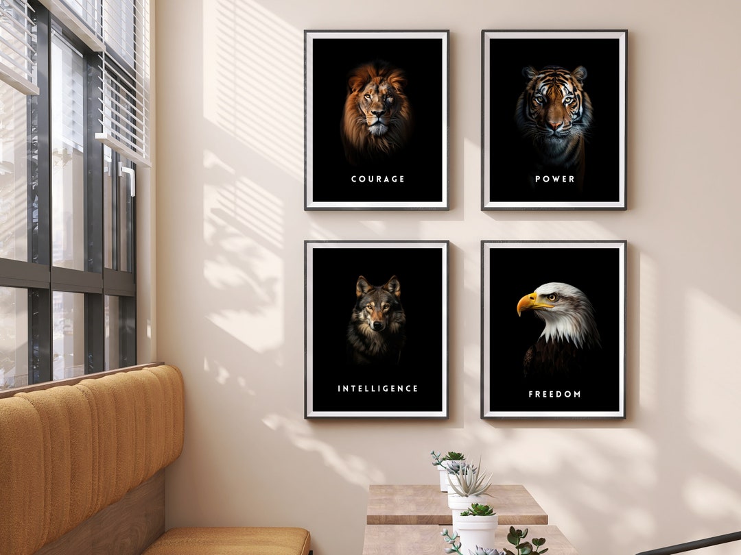 Set of 4 Wild Animals Wall Art - Lion, Eagle, Tiger, Wolf - Instant ...