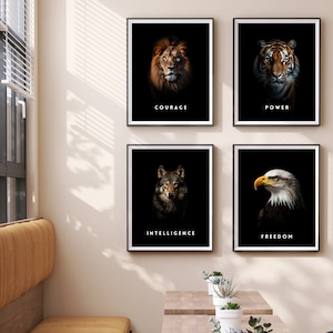 Set of 4 Wild Animals Wall Art - Lion, Eagle, Tiger, Wolf - Instant ...