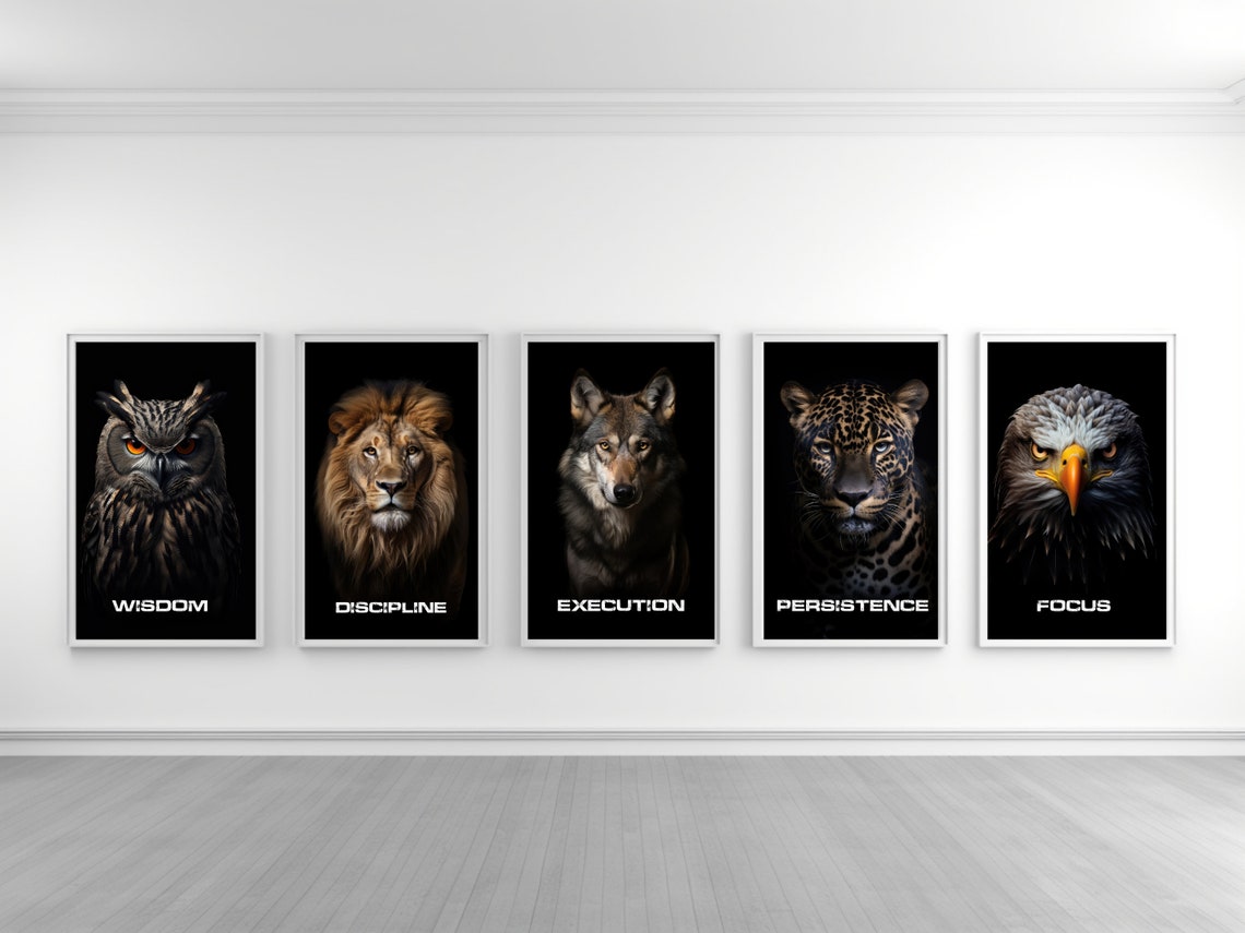 Set of 5 Animal Wall Art, 300PPI Quality Owl, Lion, Wolf, Jaguar, Eagle ...
