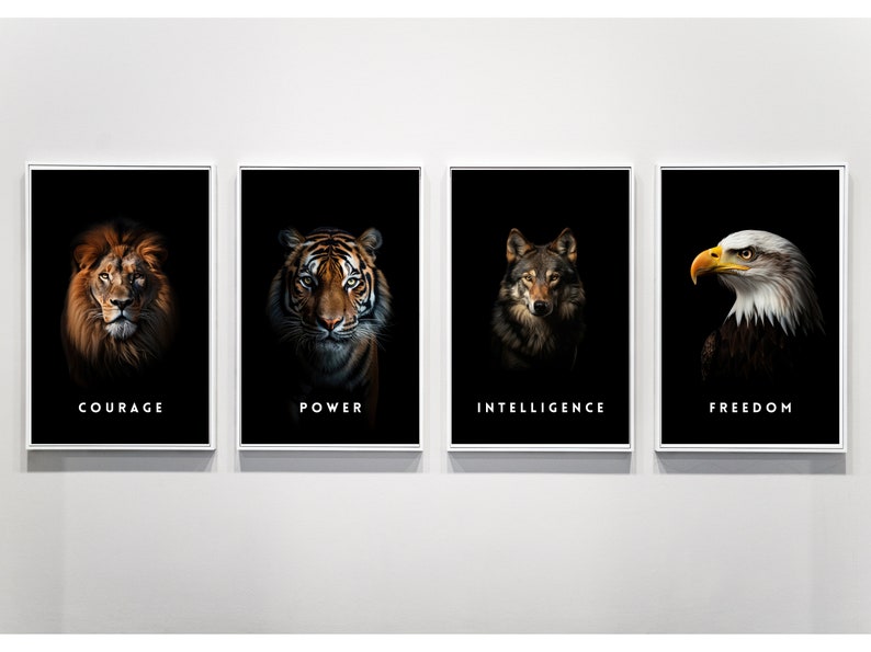 Set of 4 Wild Animals Wall Art - Lion, Eagle, Tiger, Wolf - Instant ...
