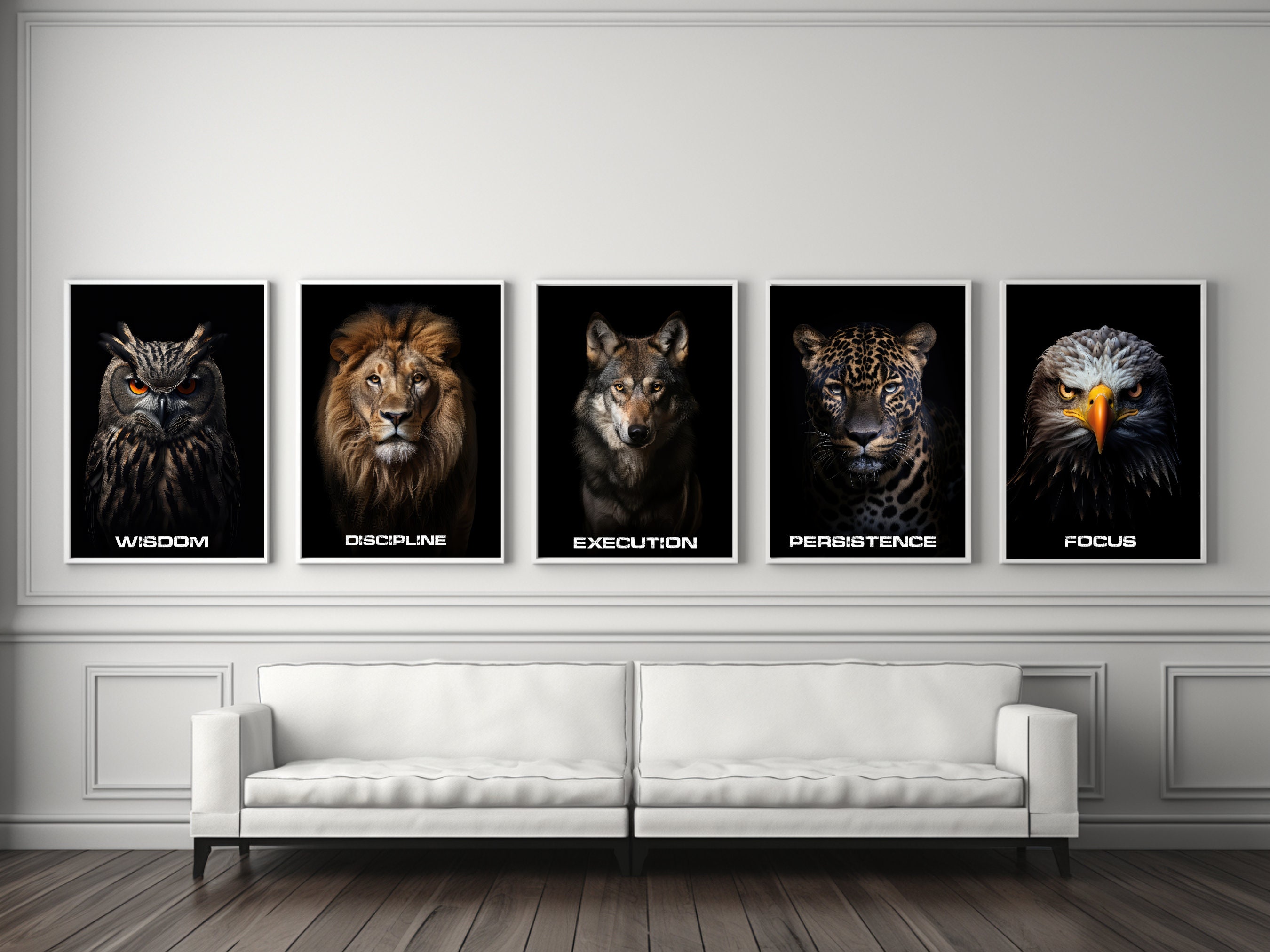 Set of 5 Animal Wall Art, 300PPI Quality Owl, Lion, Wolf, Jaguar, Eagle ...
