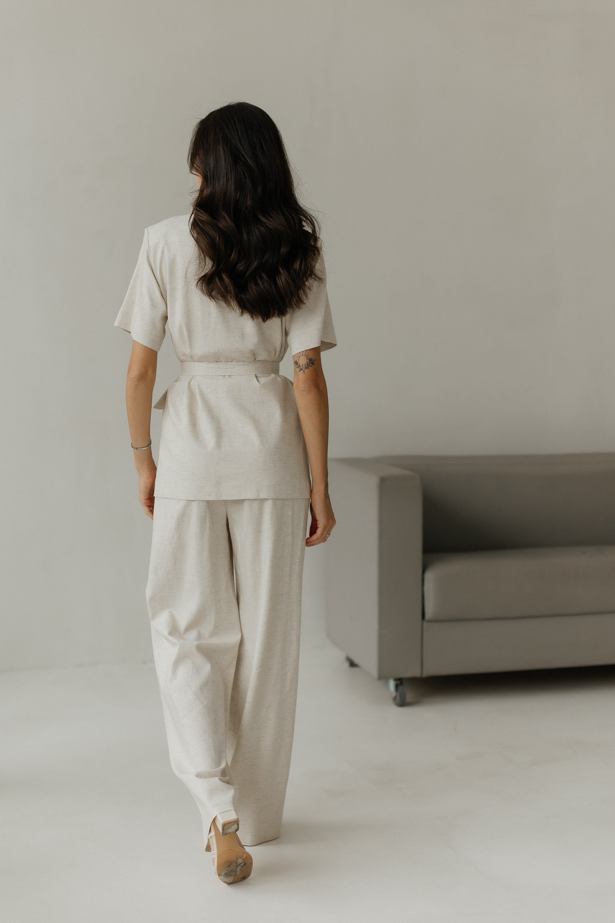 Three Peace Linen Suit in Beige.blazer Top and Palazzo Pants Suit. Matching Linen Suit. Women's ...