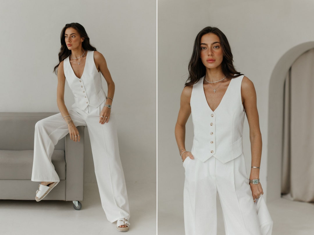 Two Piece Set White Linen Suit Vest and Palazzo Pants Suit.matching ...