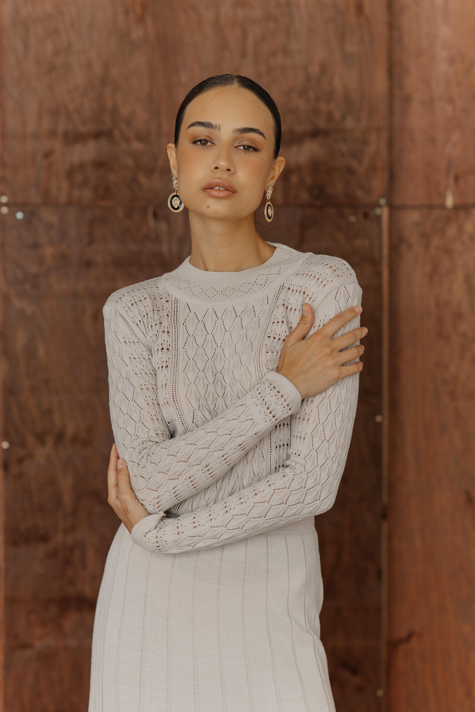 Beige Cotton Knit Sweater Dress: Beige Midi Turtleneck, Pleated Skirt ...
