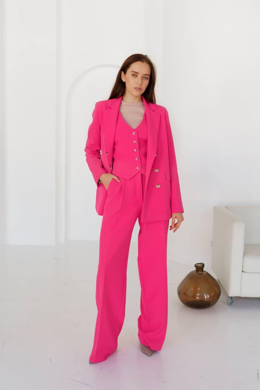 Women's Pink Suit. 3-piece Hot Pink Classic Pantsuit.three Piece Set ...