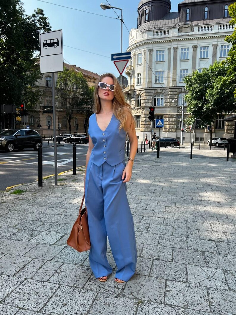 Blue Palazzo Pantsuit: Cotton Vest Set, Wedding Guest Outfit - Etsy