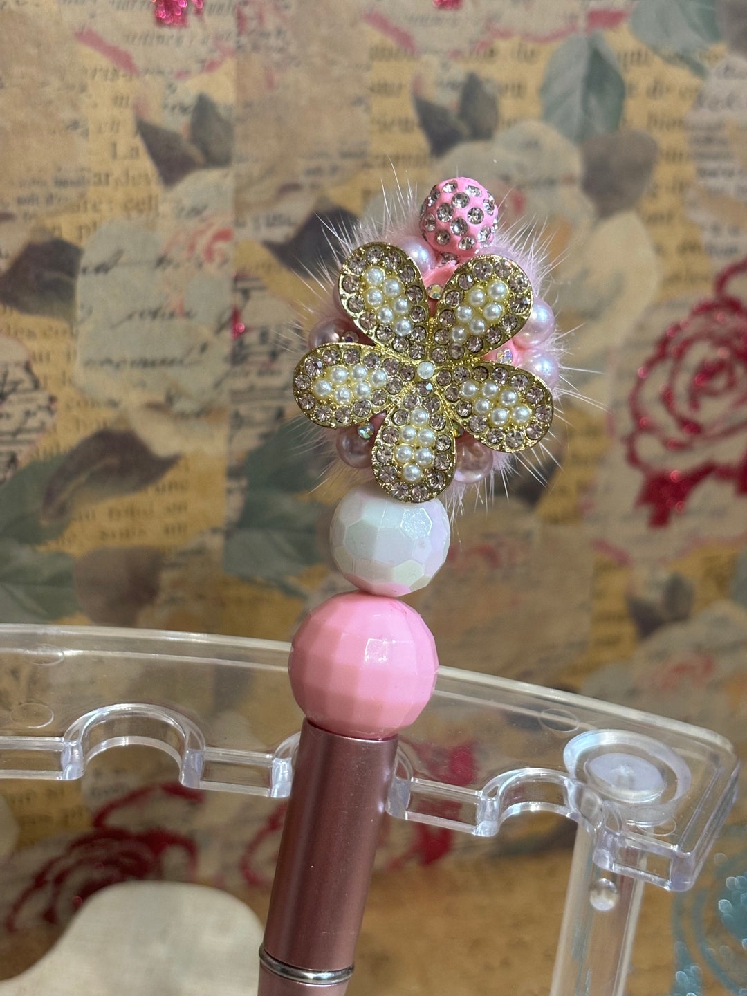 Golden Pink Flower With Pearls Fancy Beadable Pen - Etsy