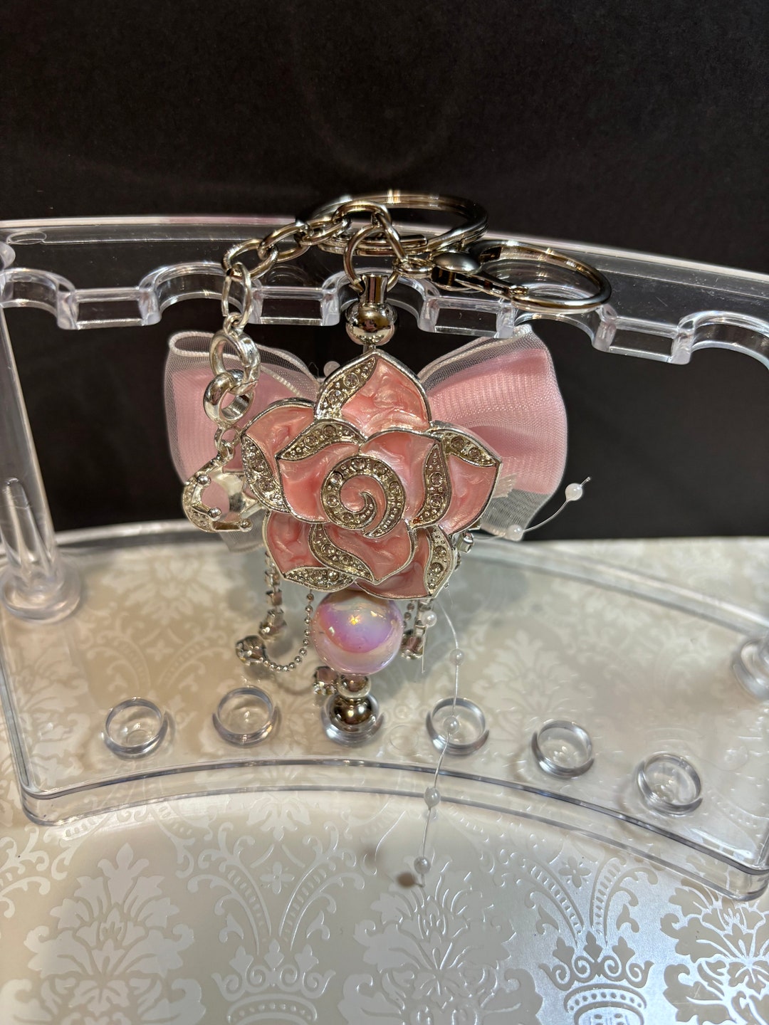 Pink Flower and Bow Fancy Beadable Keychain - Etsy