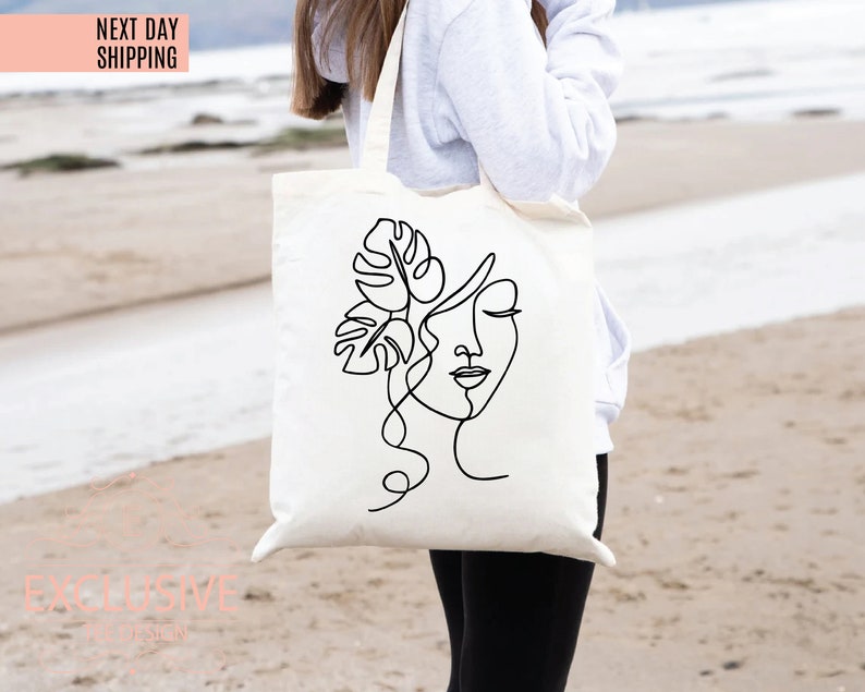 Floral Woman Face Line Art Tote Bag, Woman Silhouette Tote Bag ...