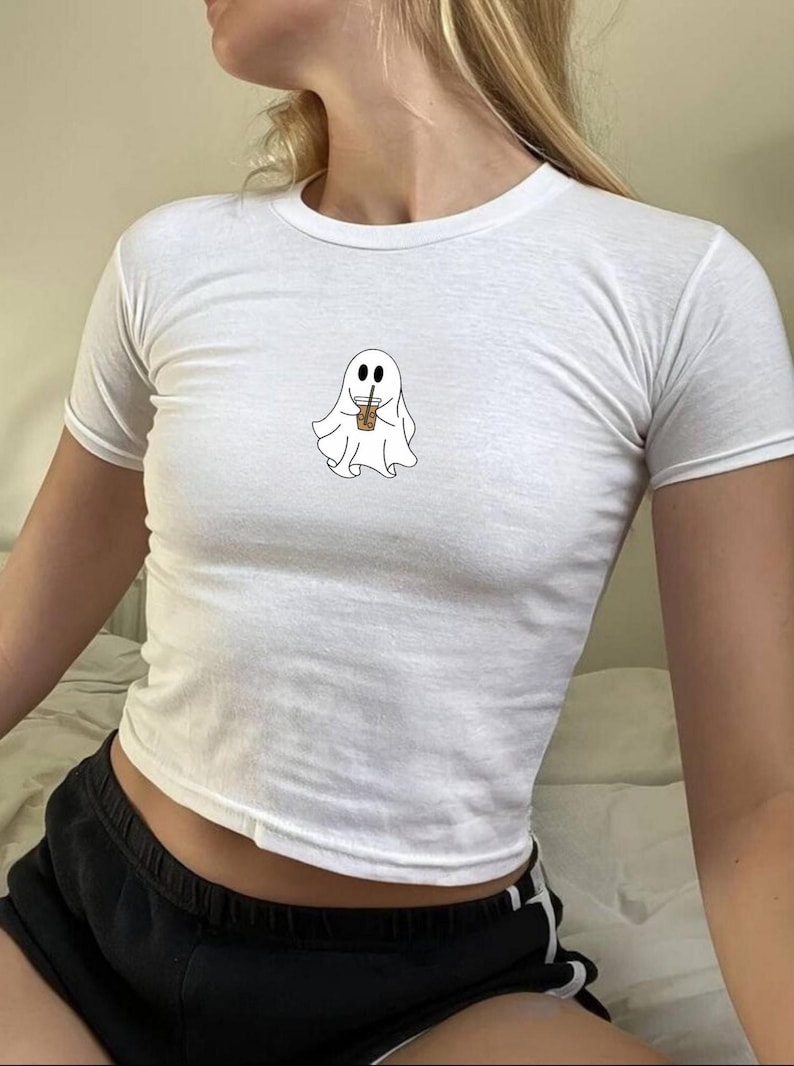 Ghost With Iced Coffee Halloween Baby Tee, Y2k, Crop Top, Halloween ...
