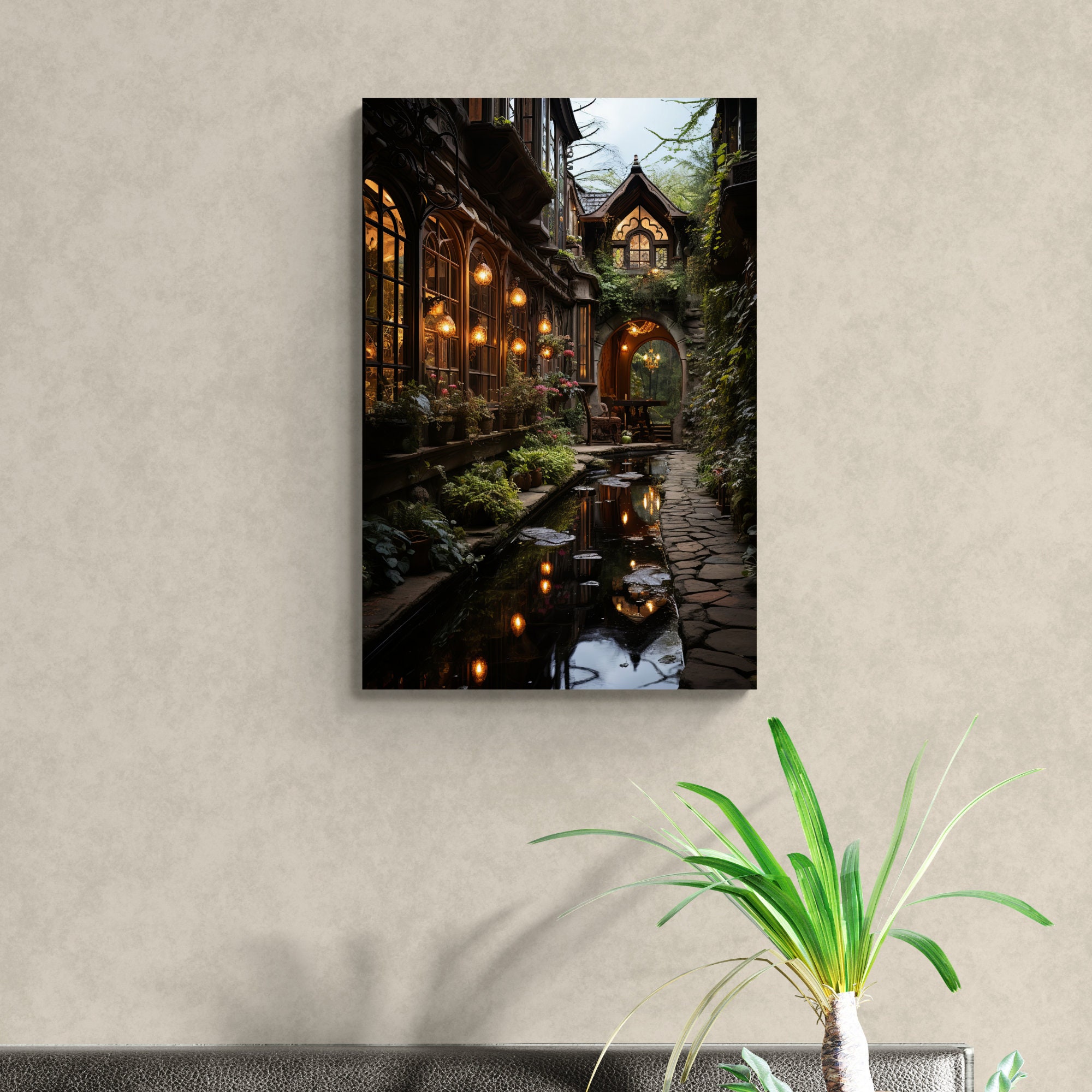 Gothic Courtyard Pond Art Print: Old Architecture Landscape Canvas - Etsy
