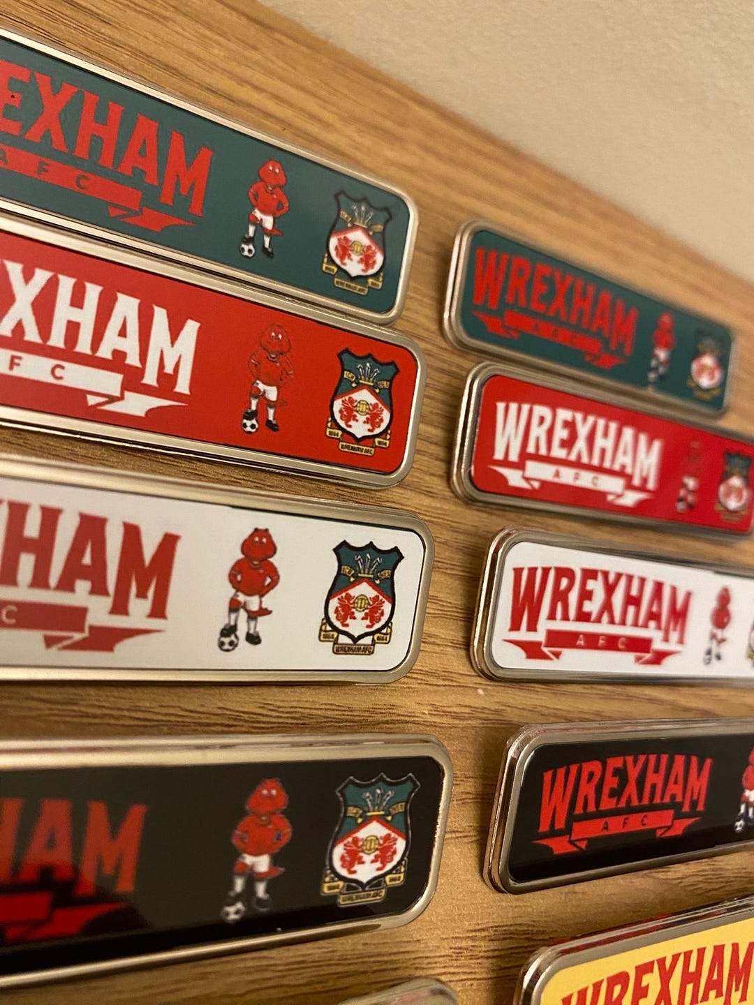 Badge Metal Rectangle Wrexham AFC Ribbon Mascot Wrex and Club Crest ...