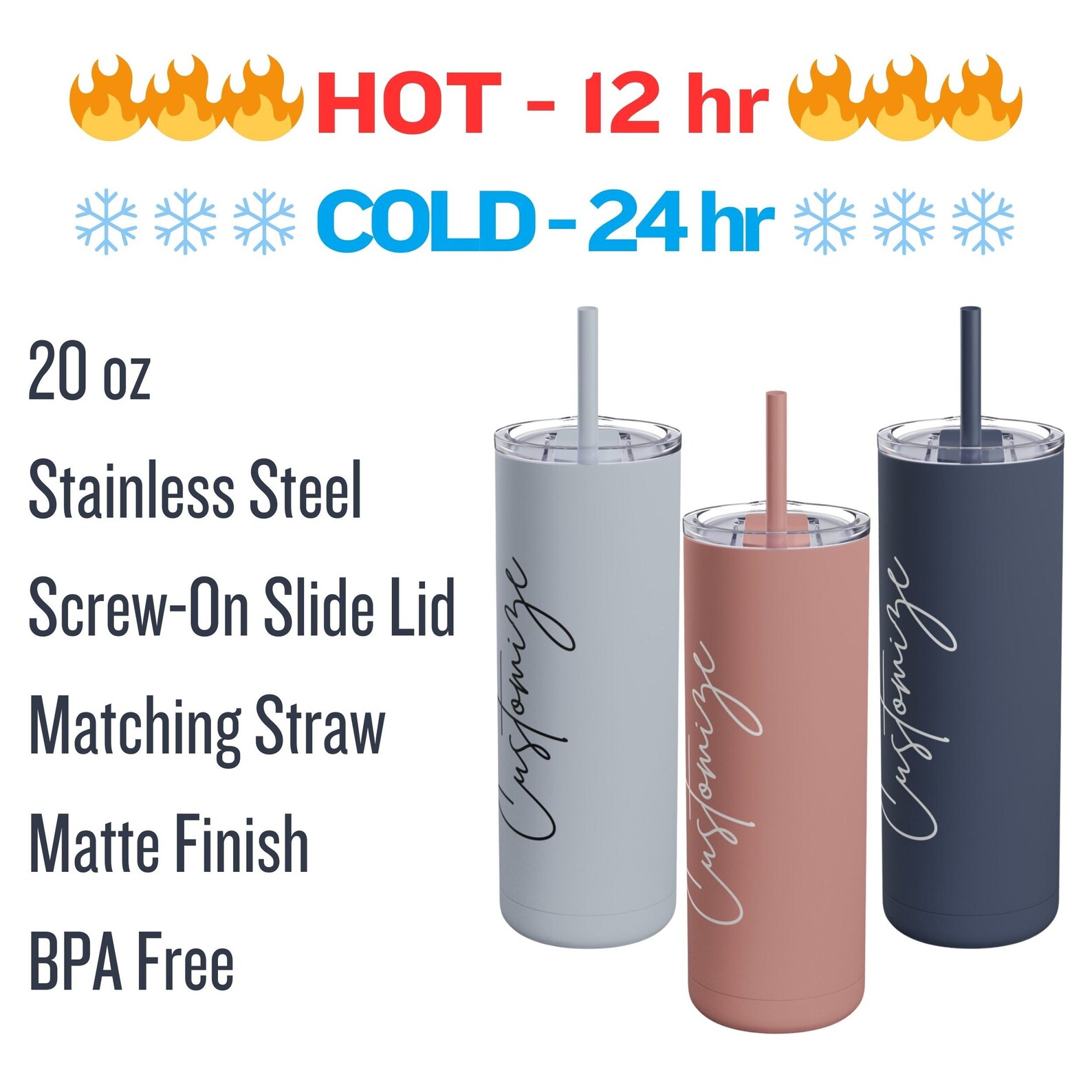 Custom Skinny Tumbler, Personalized Tumbler With Straw, 20oz Tumbler With Screw on Top Hot and ...