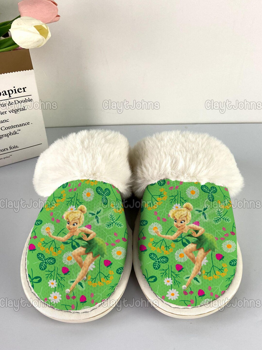 Tinker Bell Cotton Slippers With Fur Edges, Tinker Bell Slippers, Soft ...