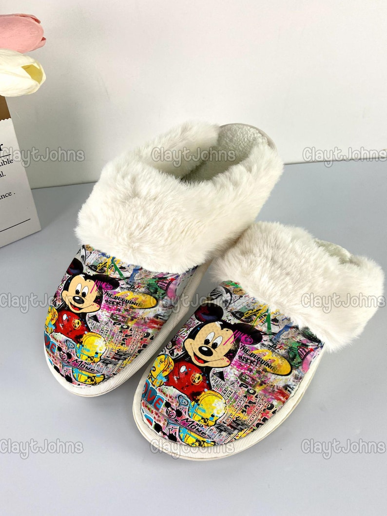 Mickey Disney Cotton Slippers With Fur Edges, Mickey Disney Slippers ...