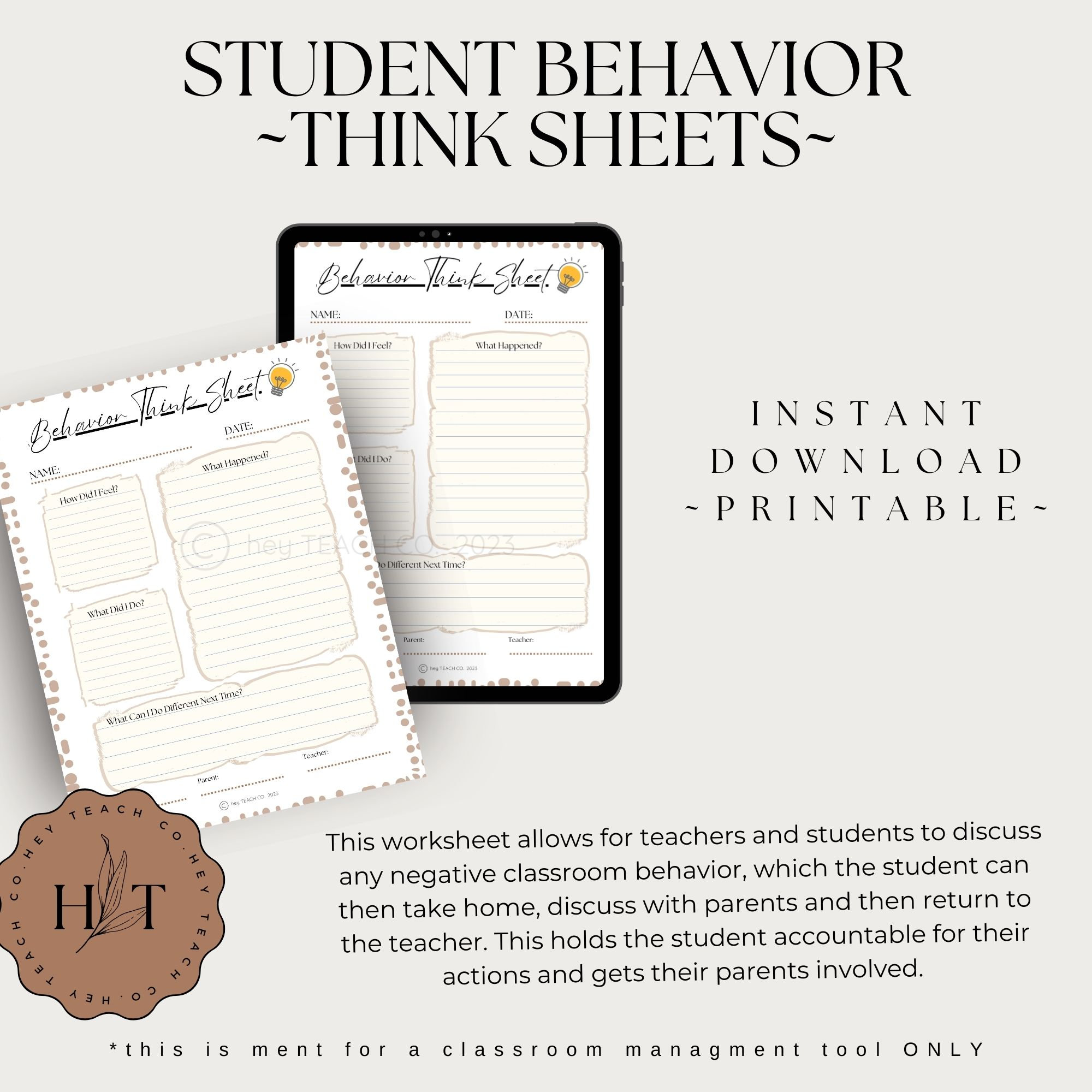 Student Behavior Think Sheets, Teacher, Classroom Management Tool ...