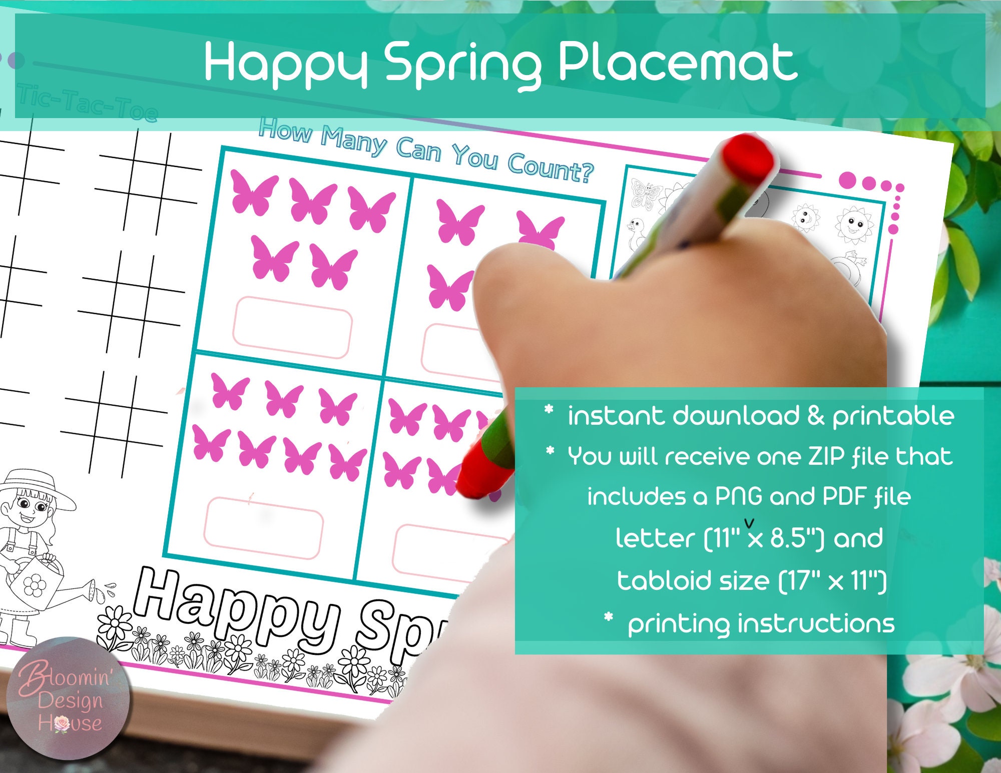 Kids Spring Activity Sheet, Printable Educational Placemat, Restaurant ...