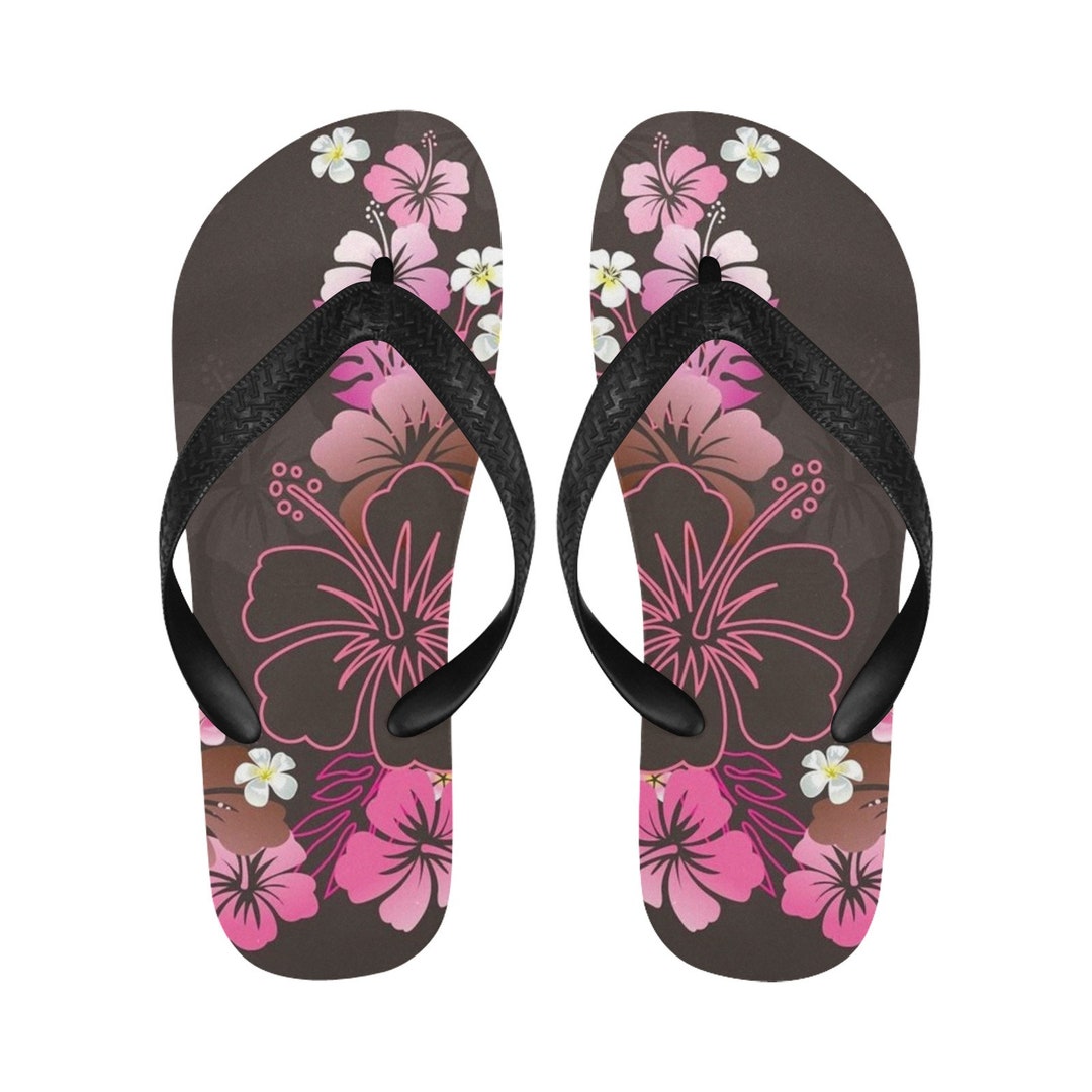 Pink Flowers Custom Printed Flip Flop Sandals, Handmade With Clear ...