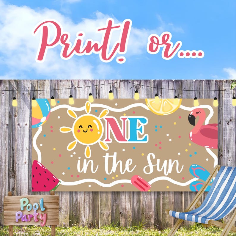 One in the Sun 1st Birthday Banner Template: Summer Pool Party (digital ...