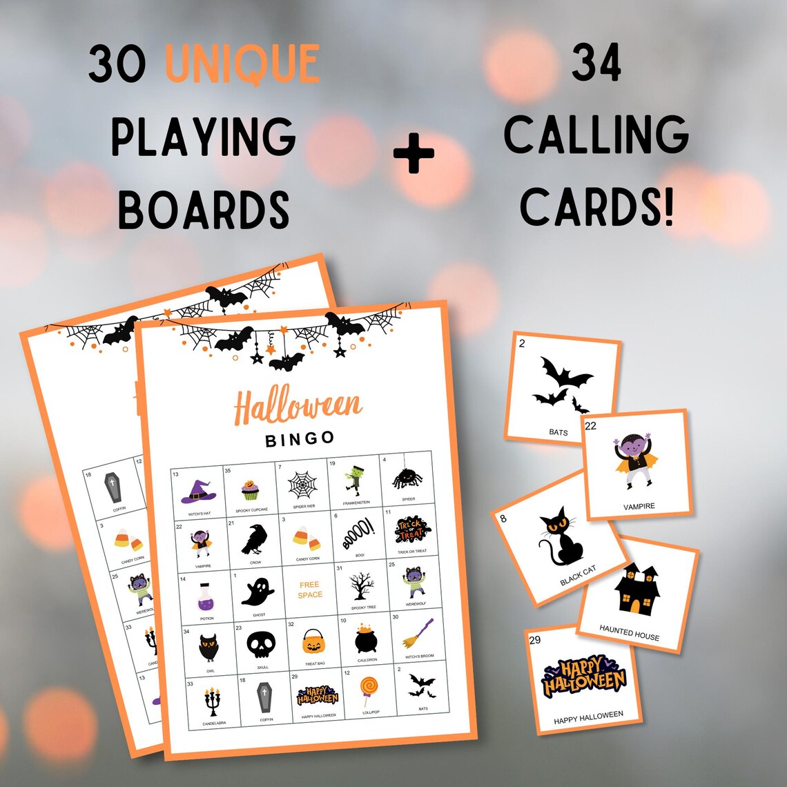Halloween Bingo Game: 30 Unique Boards, Printable Party Activity ...