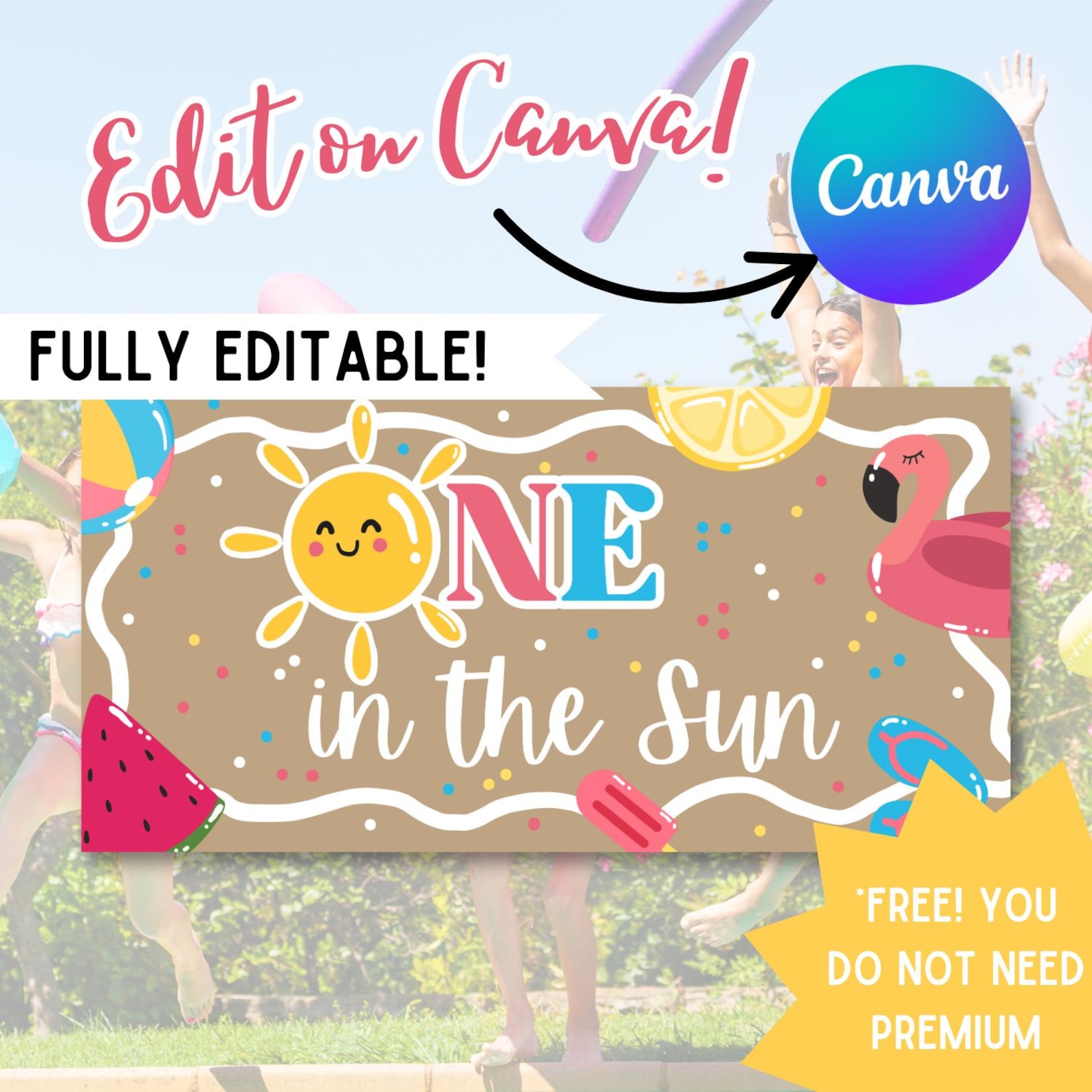 One in the Sun 1st Birthday Banner Template: Summer Pool Party (digital ...