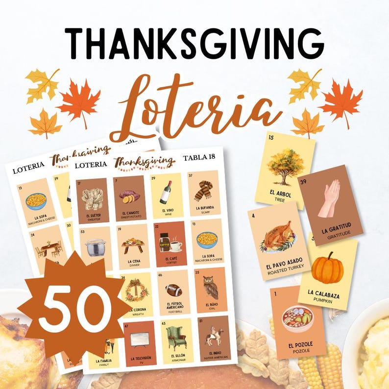 Bilingual Thanksgiving Loteria Game: 50 Unique Boards (digital Download ...