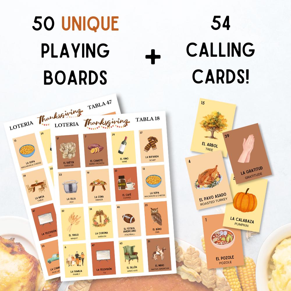 Bilingual Thanksgiving Loteria Game: 50 Unique Boards (digital Download ...