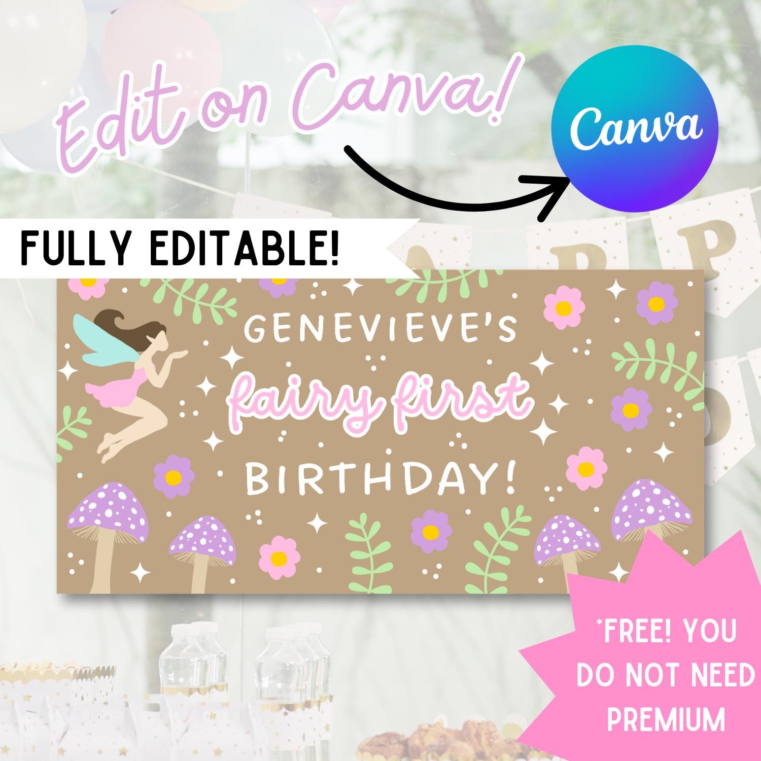 Fairy First Birthday Banner Template: Pink & Lilac, Editable in Canva ...
