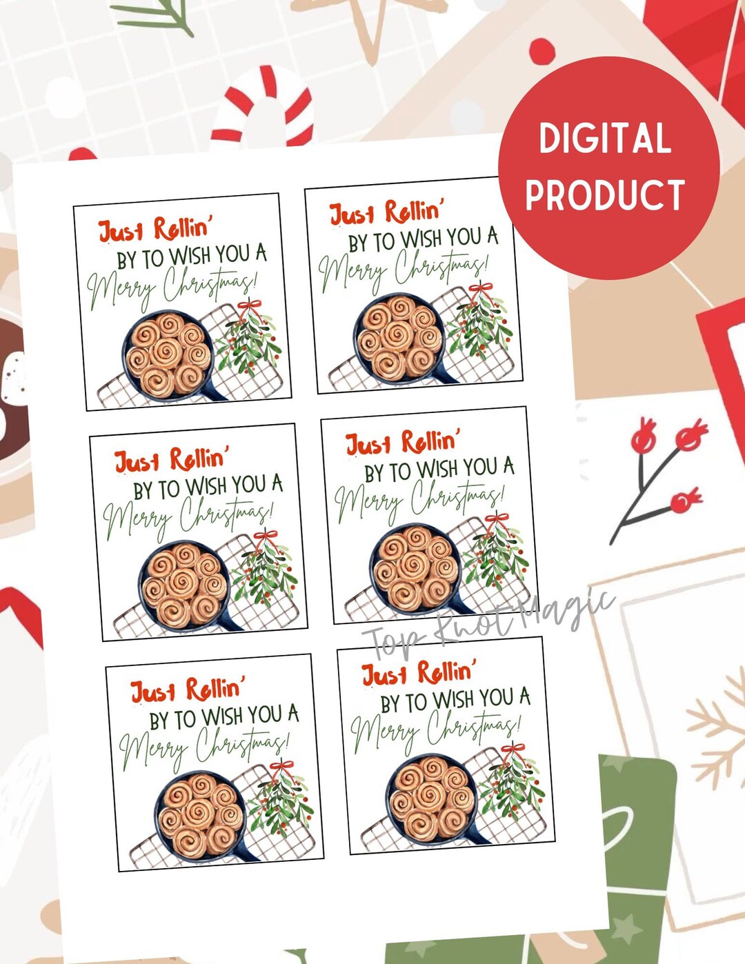 Cinnamon Roll Gift Tag, Just Rollin' By, Christmas Neighbor Gift Idea ...